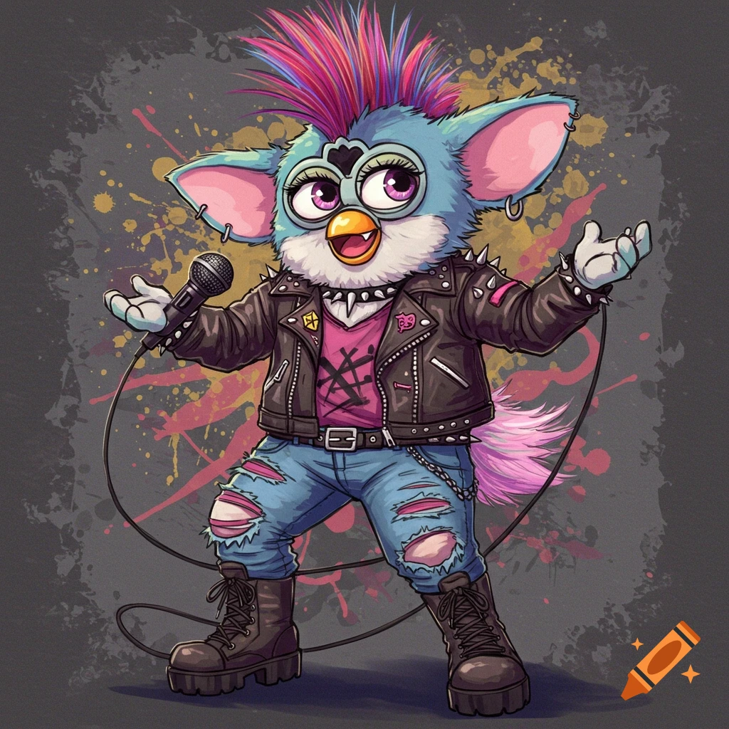 Anthropomorphic furby in grunge punk style, fluid drawing. on Craiyon