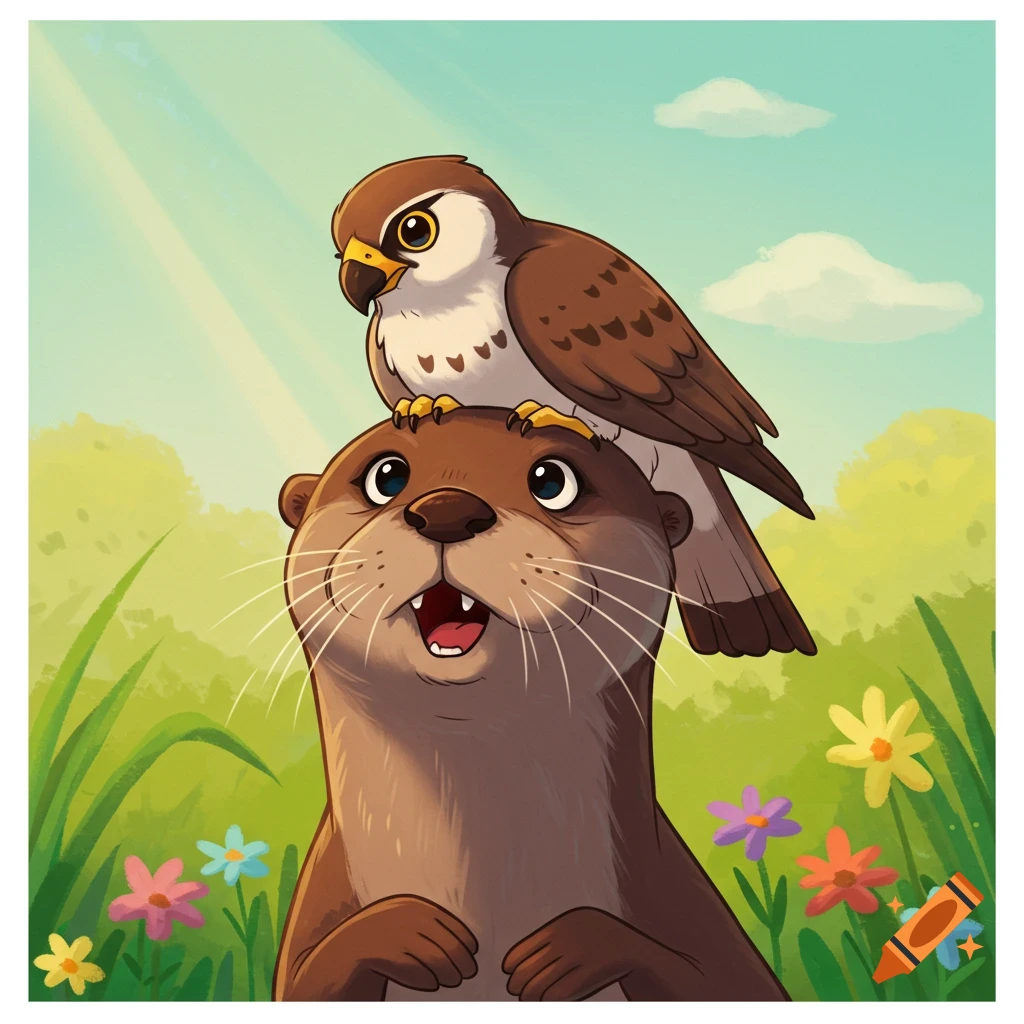 Cartoon illustration of a brown otter with a hawk perched on its head ...