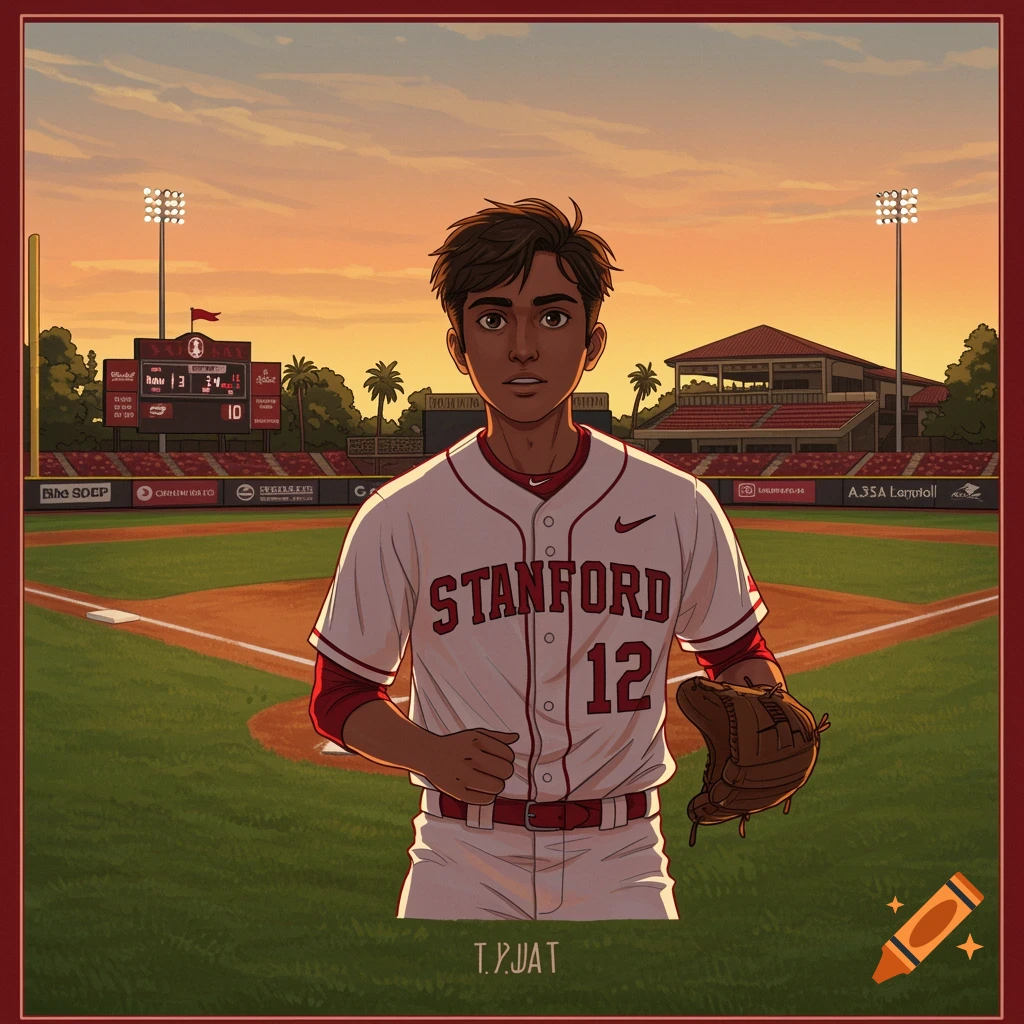 A young boy, wearing a Stanford baseball uniform with the number 12 ...