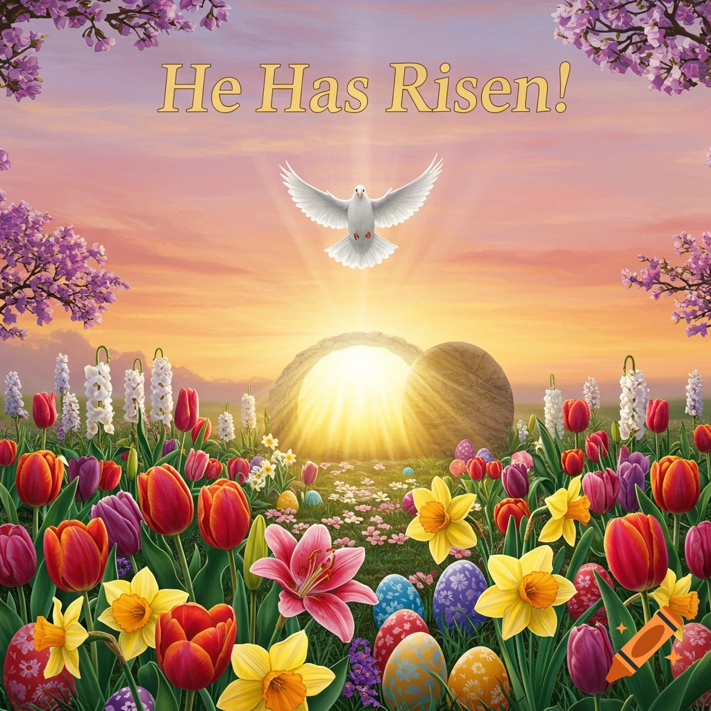 An Easter scene with 'He Has Risen!' text, dove, empty tomb, flowers ...