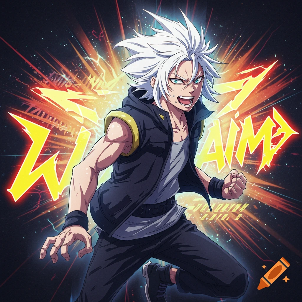 Anime character with white hair in an action pose with energy effects ...