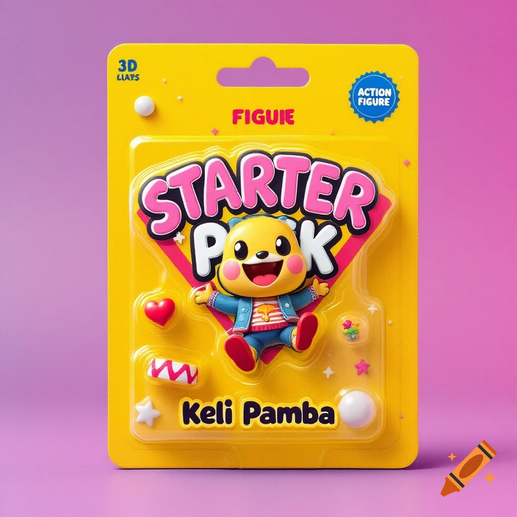 Cartoon-style Keli Pamba action figure in blister pack on Craiyon