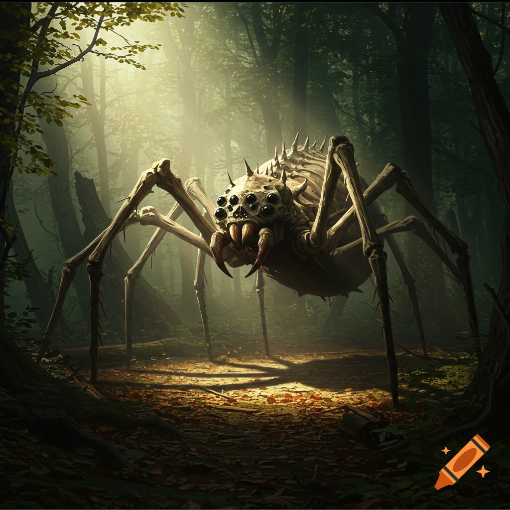 A colossal dark spider with many legs and tentacles stands in a foggy ...