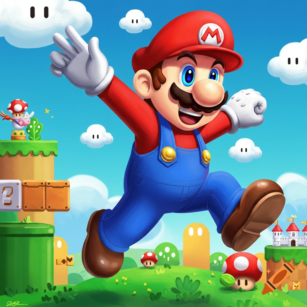 Mario jumps with Bowser and Yoshi in a bright cartoon Super Mario ...