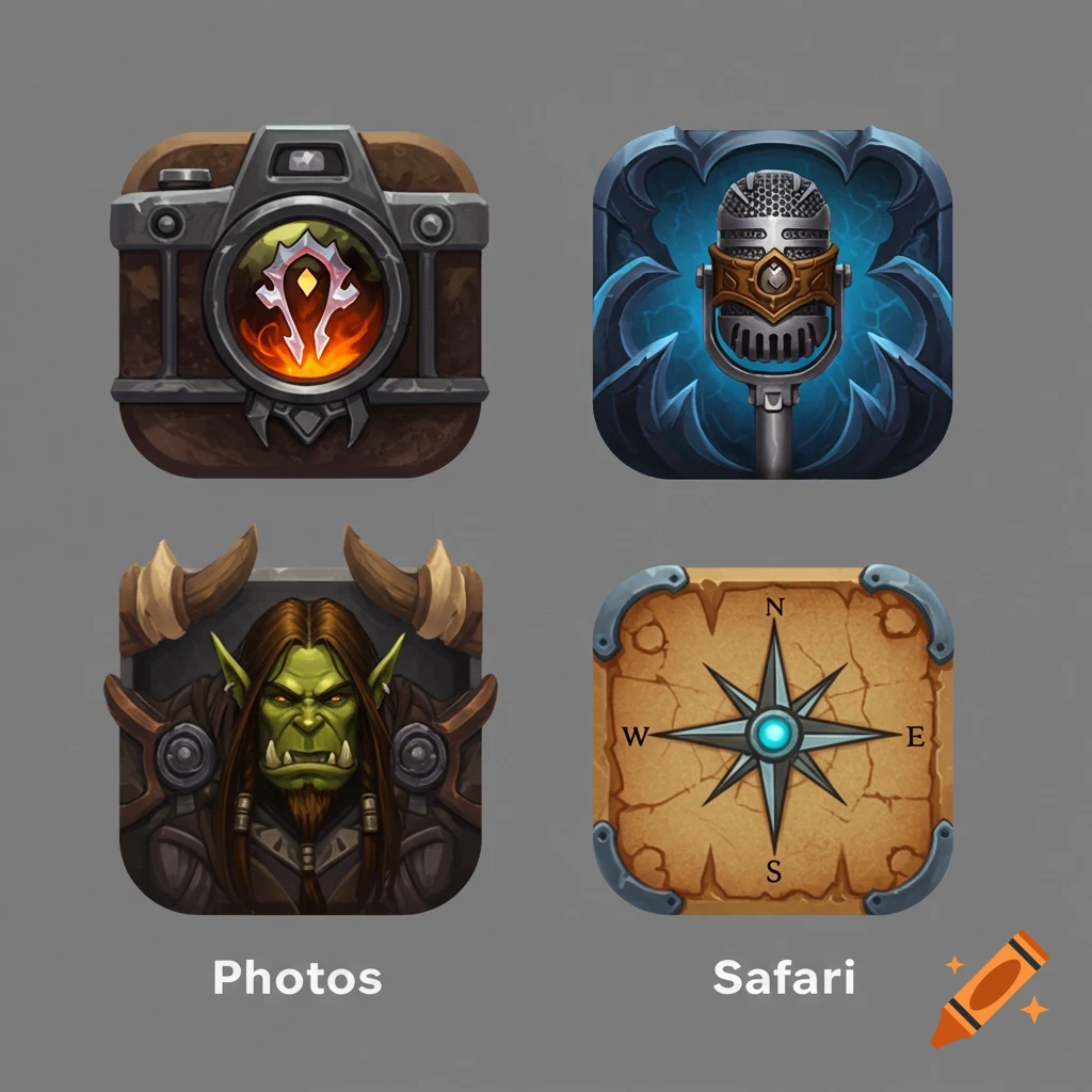Warcraft themed app icons for photos, microphone, and safari on Craiyon