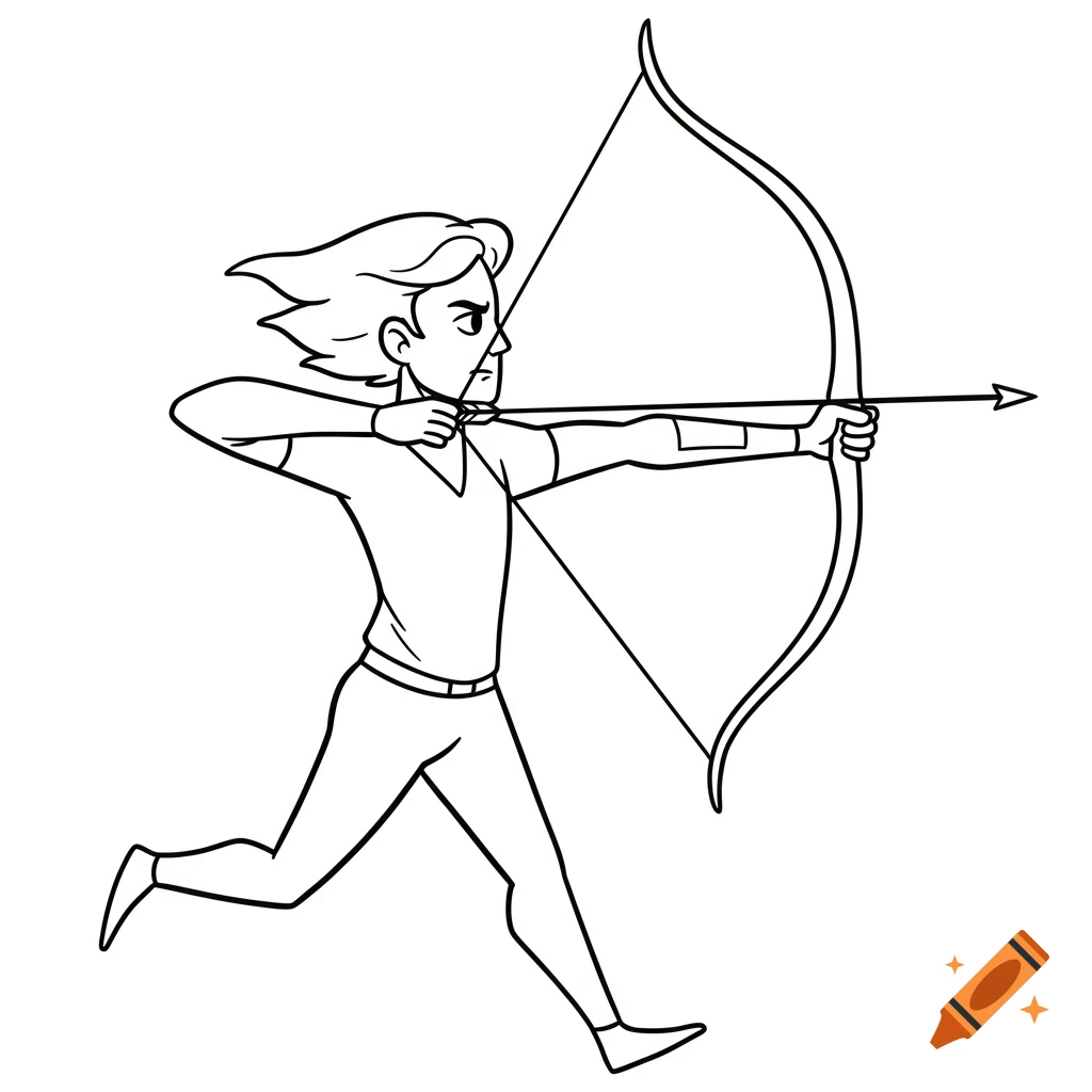 Cartoon outline of a person shooting a bow and arrow. on Craiyon