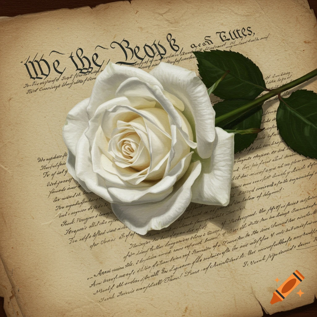 A white rose lays on a copy of a historical document. on Craiyon