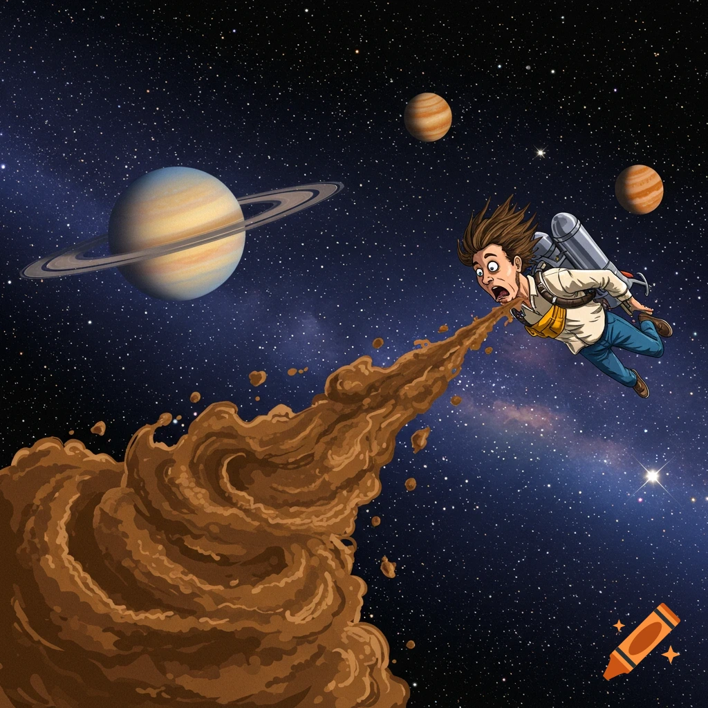 Man pooping while flying to Saturn on Craiyon