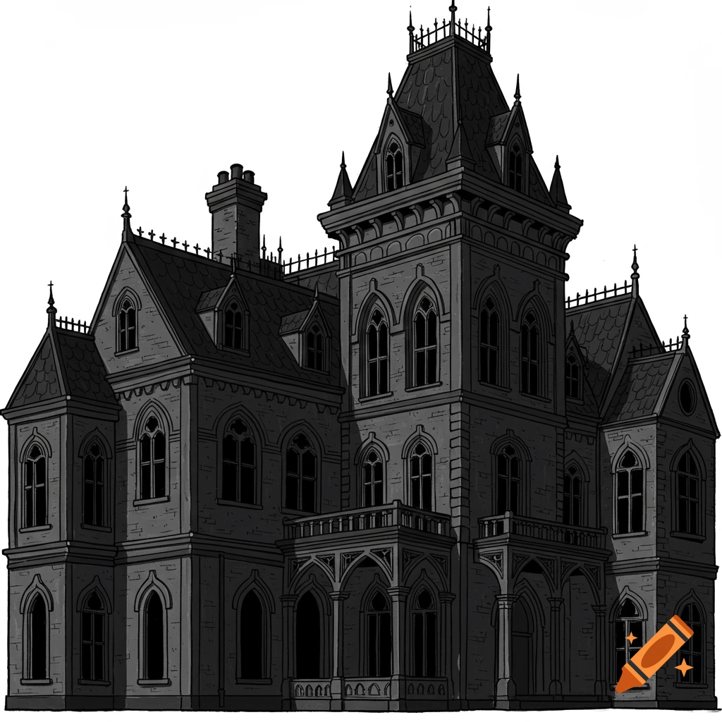 Black and white illustration of a gothic Victorian mansion with towers ...