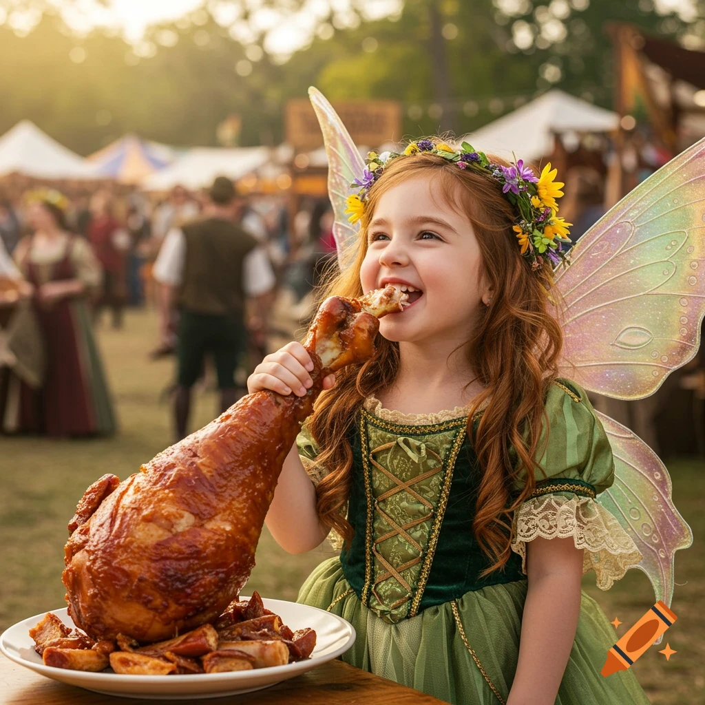 Cute fairy girl at renaissance fair eating a turkey leg on Craiyon