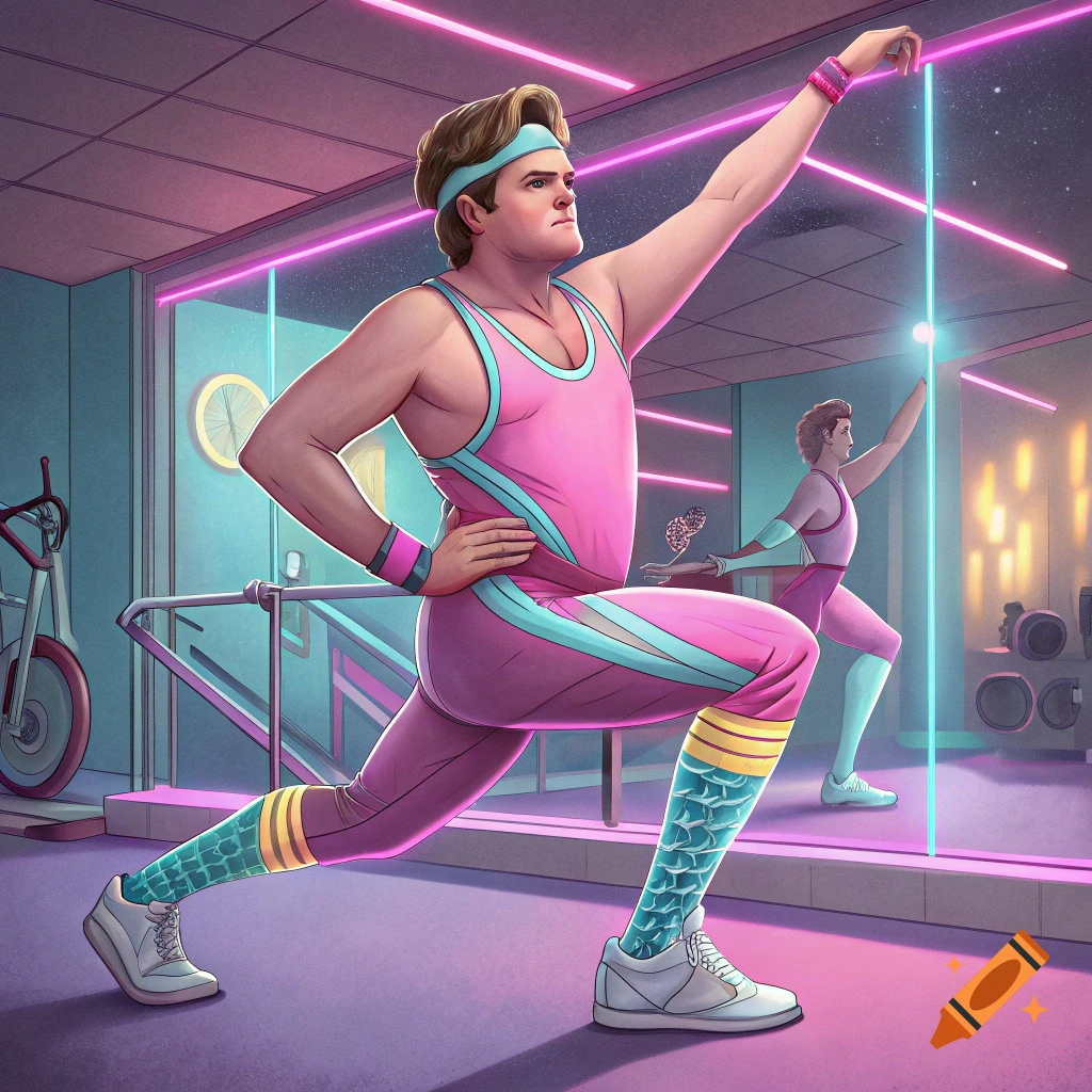 Illustration of a person in colorful 80s workout clothes doing an ...