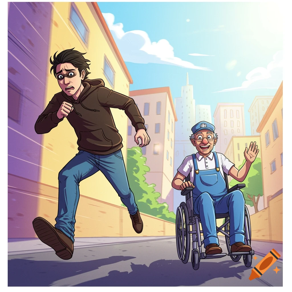 A young man in a hoodie runs from an old man in a wheelchair, comic ...