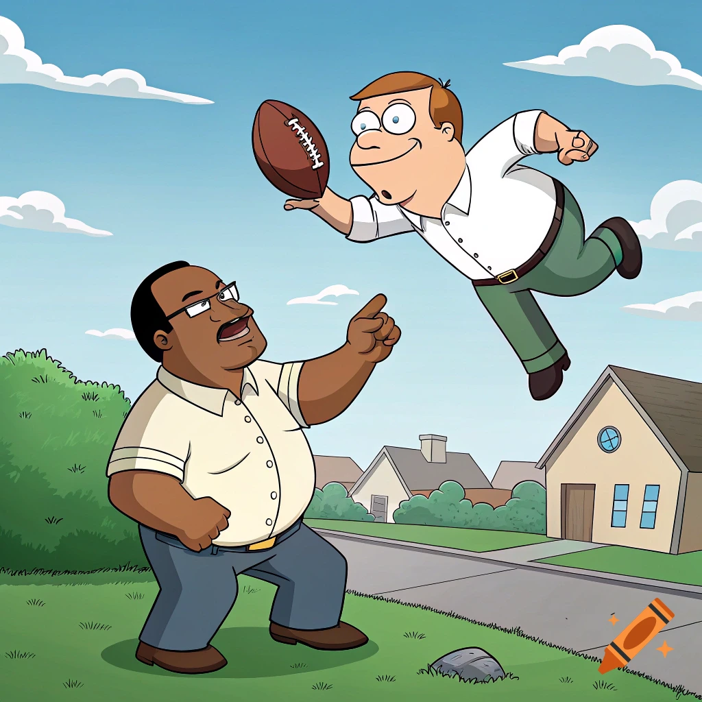 Peter Griffin with a serious face and football jumping over OJ Simpson ...