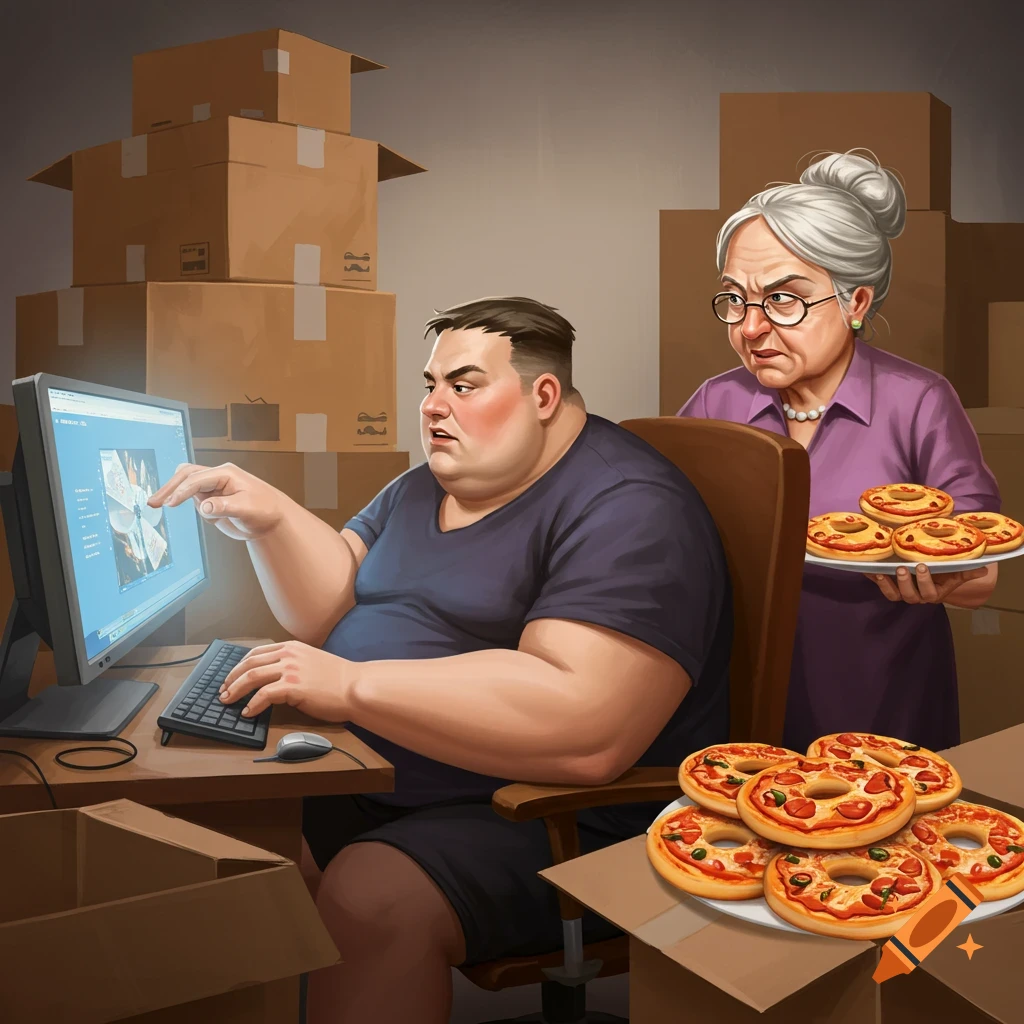 Man on computer with mother holding pizza bagels on Craiyon
