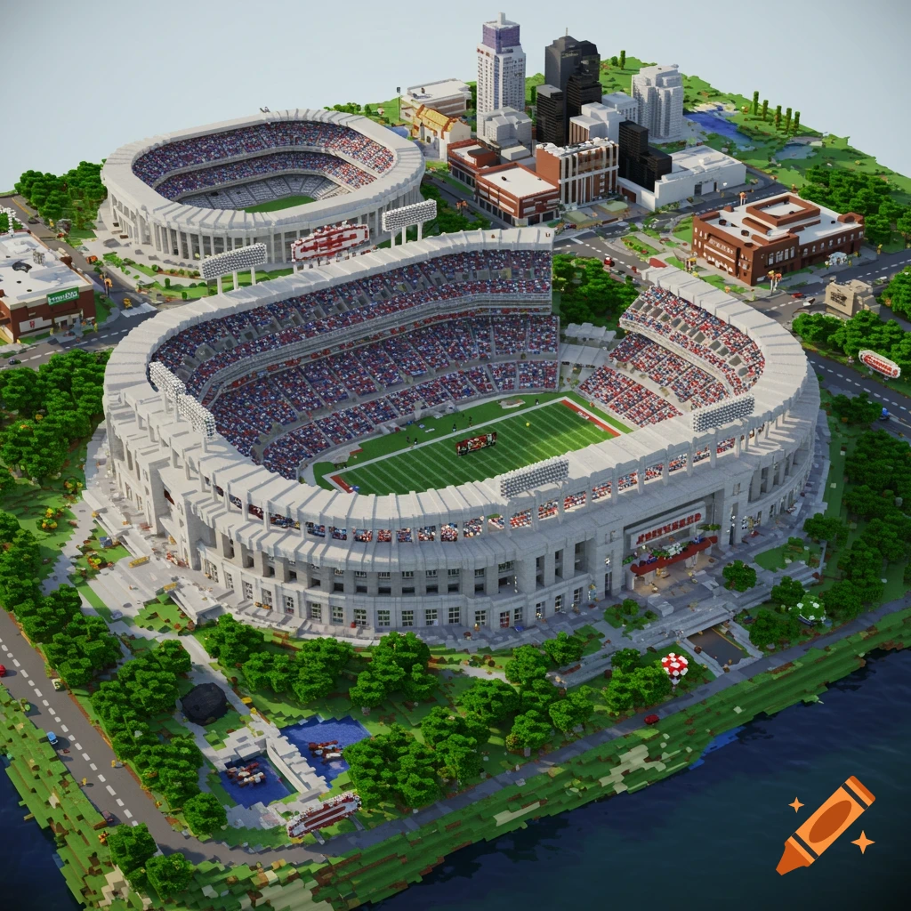 Overhead view of a detailed Minecraft-style city featuring two large ...