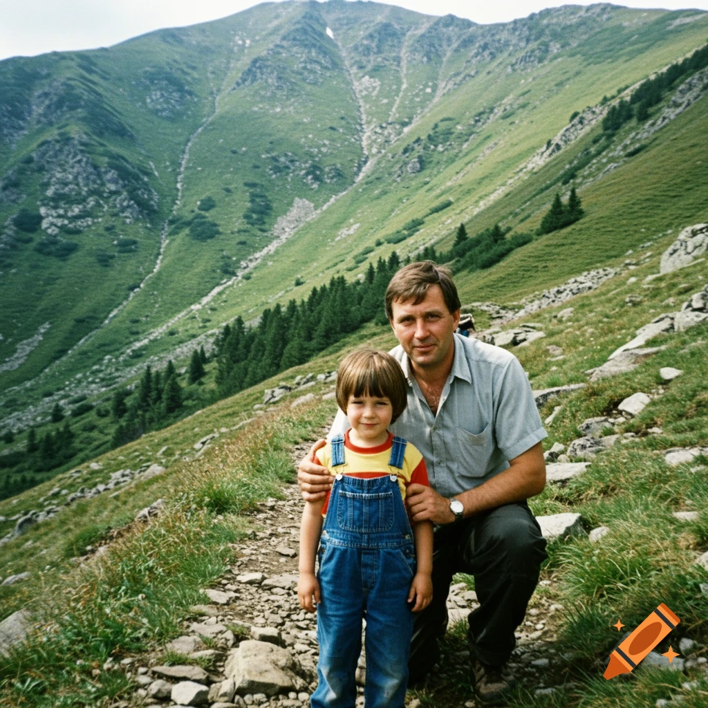 Russian little boy and his dad on a mountain trail, 90s Kodak photo on ...