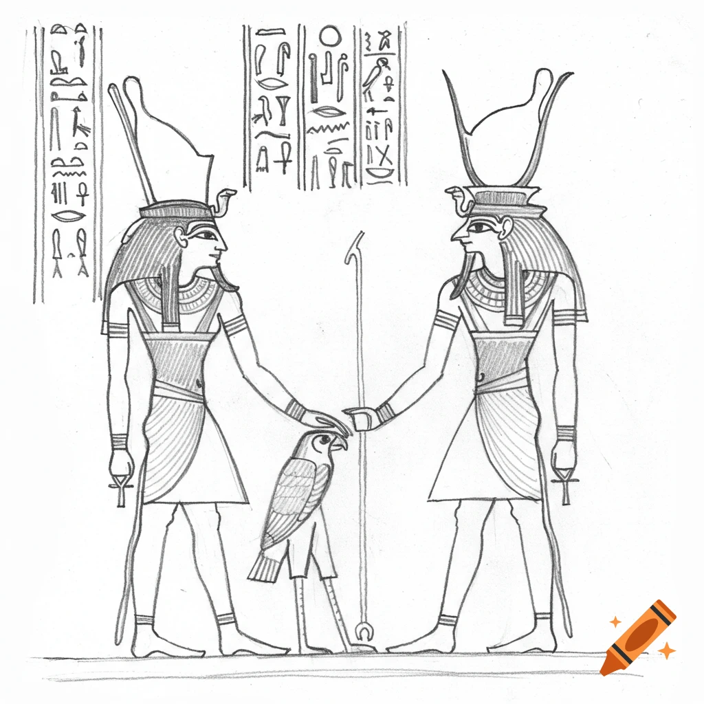 Pencil drawing of two ancient Egyptian figures, a bird, and hieroglyphs ...