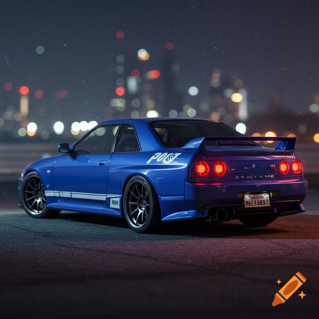 A grey Nissan Skyline GT-R R34 sports car on a wet street at night ...