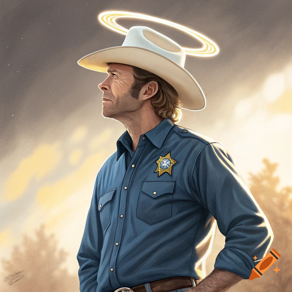 A stoic man dressed as a sheriff or ranger in a tan uniform and hat ...