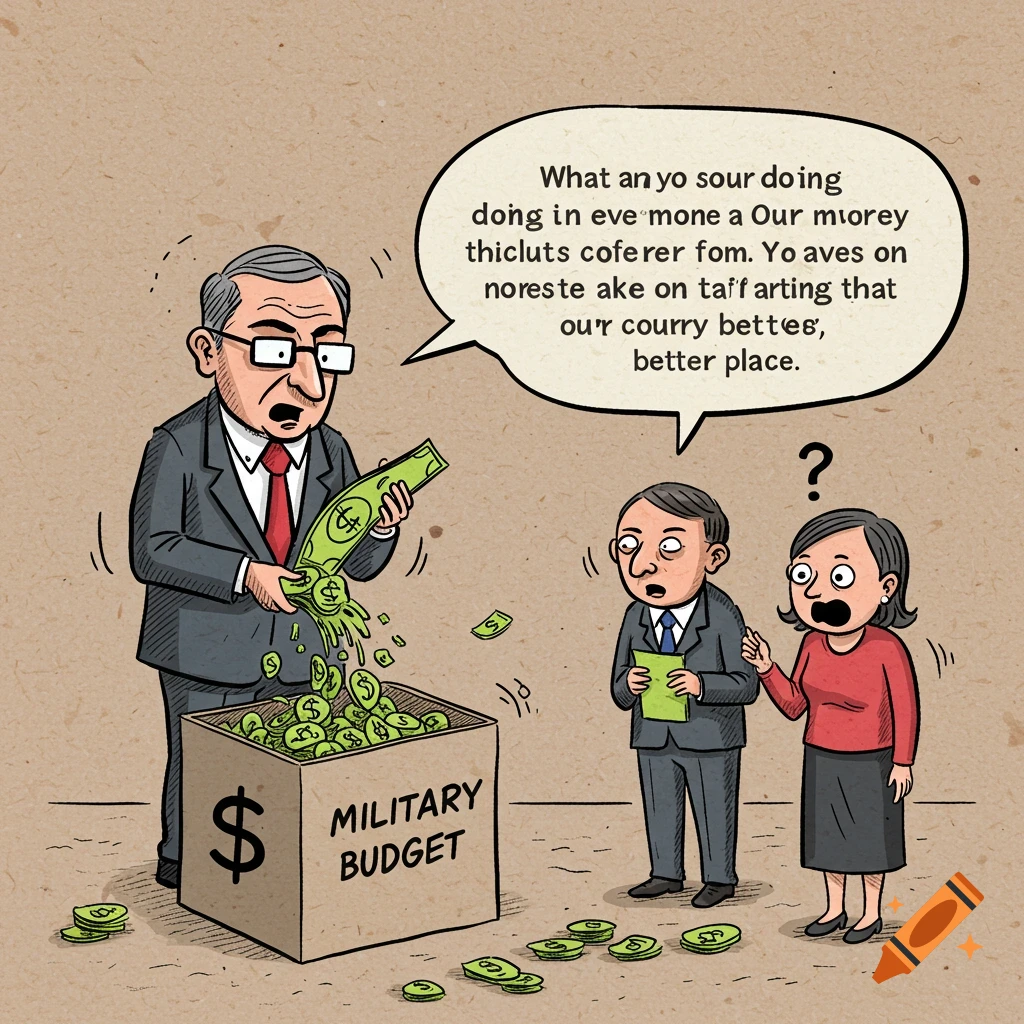 Illustration of government agent allocating money to military budget ...