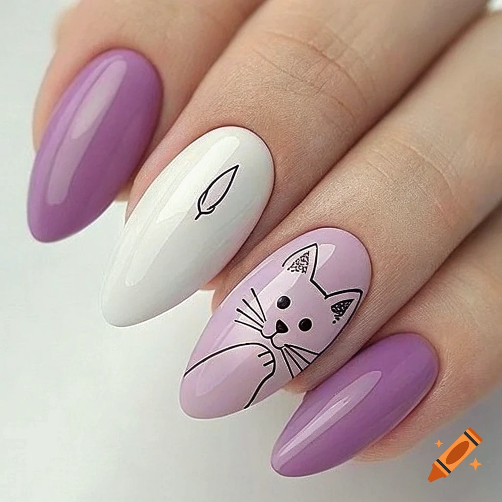 Almond-shaped purple nails with cat design on middle finger on Craiyon