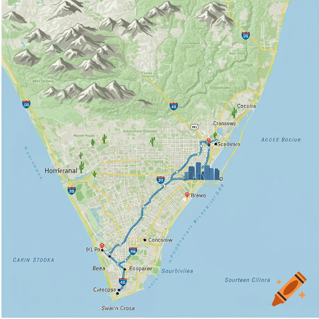 Map of Southern California freeways with landmarks and major cities on ...