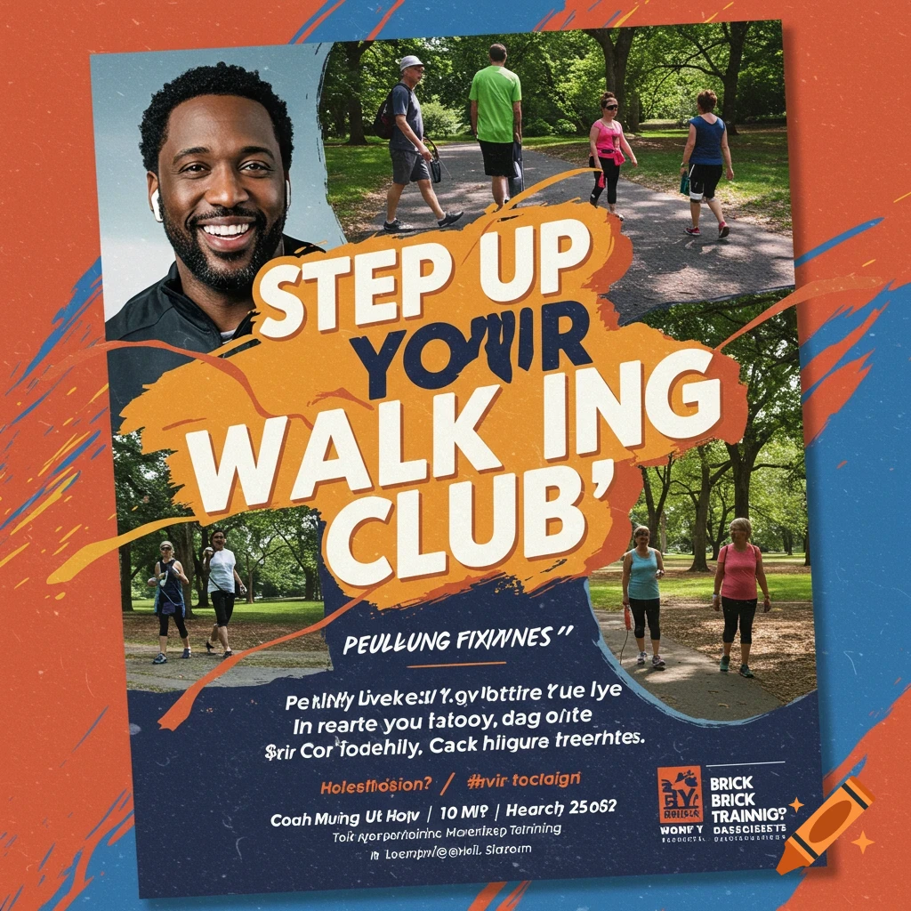 Flyer for a walking club with a man smiling and people walking in a ...