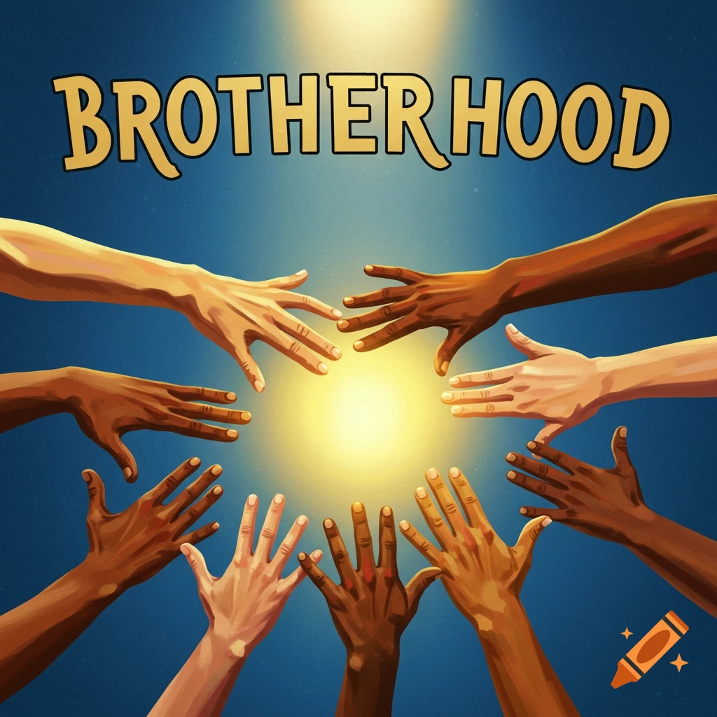 Diverse hands reaching towards a light with 'BROTHERHOOD' written above ...