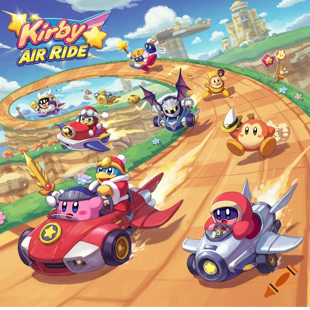 Kirby and friends are racing in vehicles on a track. on Craiyon
