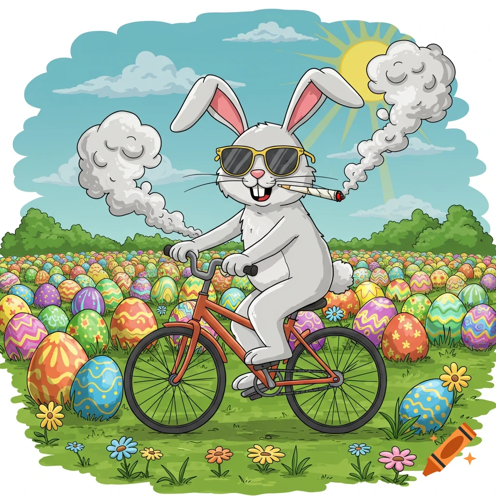 Cartoon Easter Bunny on a bike with Easter eggs, smoking joint on Craiyon