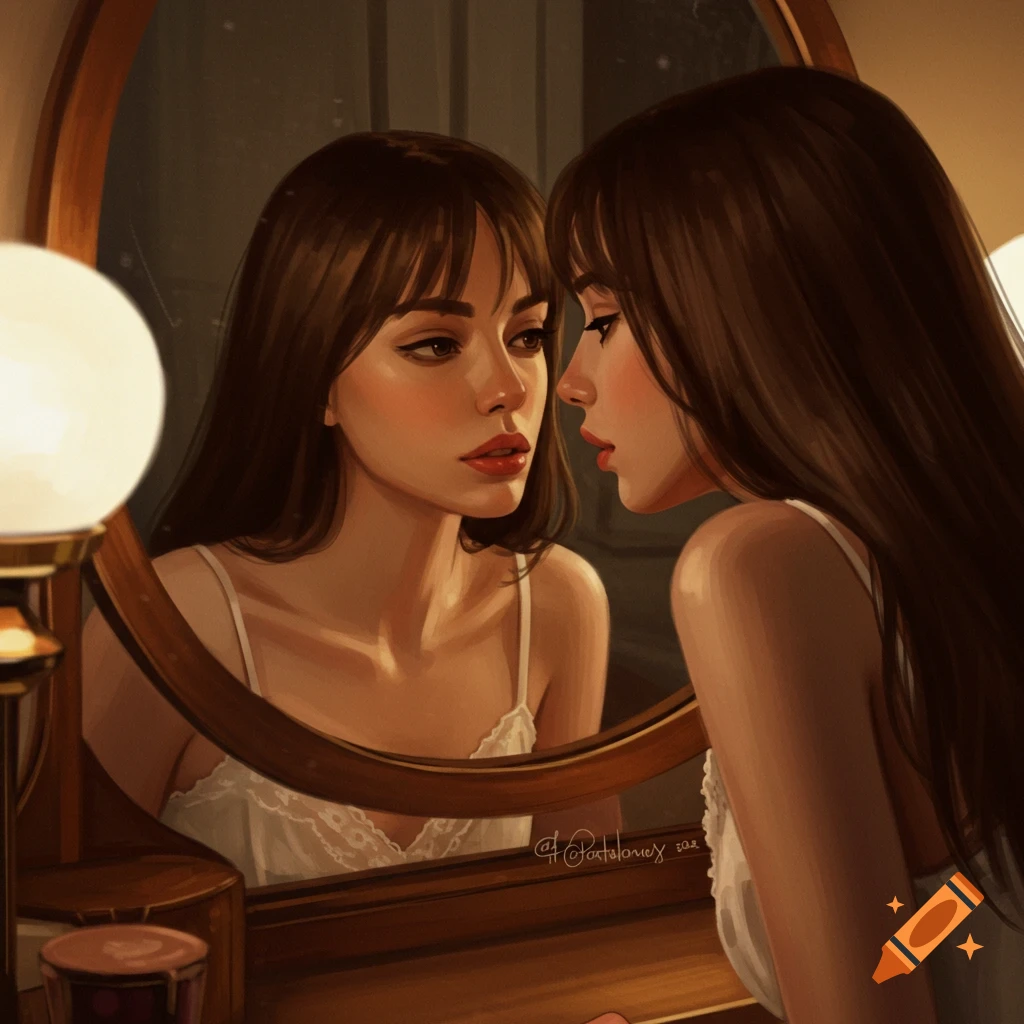 A woman is looking at her reflection in a mirror. on Craiyon