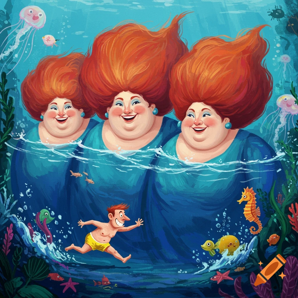 Three large women float in the water above a small man swimming below ...