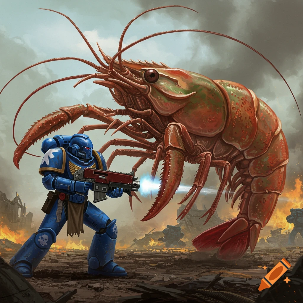 Blue space marine fighting giant grass shrimp on Craiyon