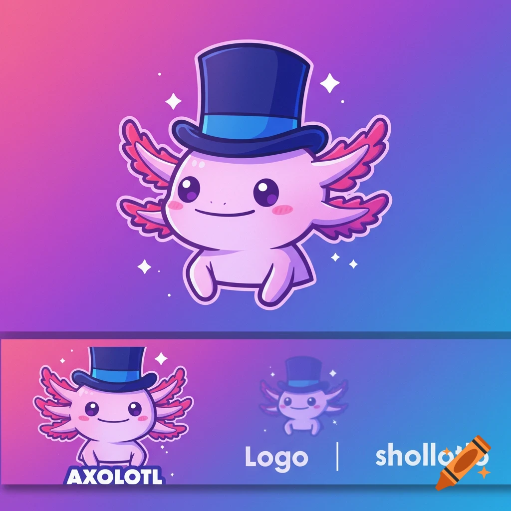 Axolotl logo with tophat, purple and blue on Craiyon