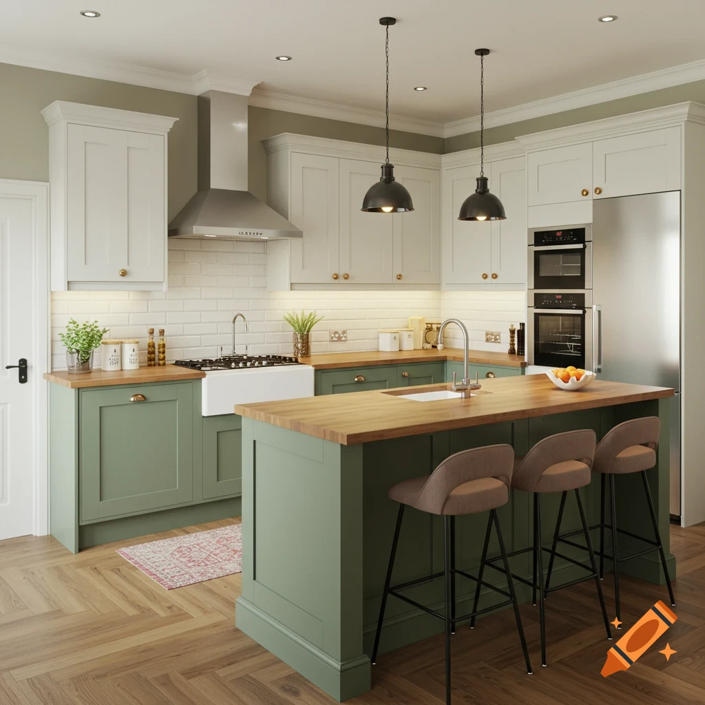 Photorealistic sage green kitchen interior with a stainless steel ...