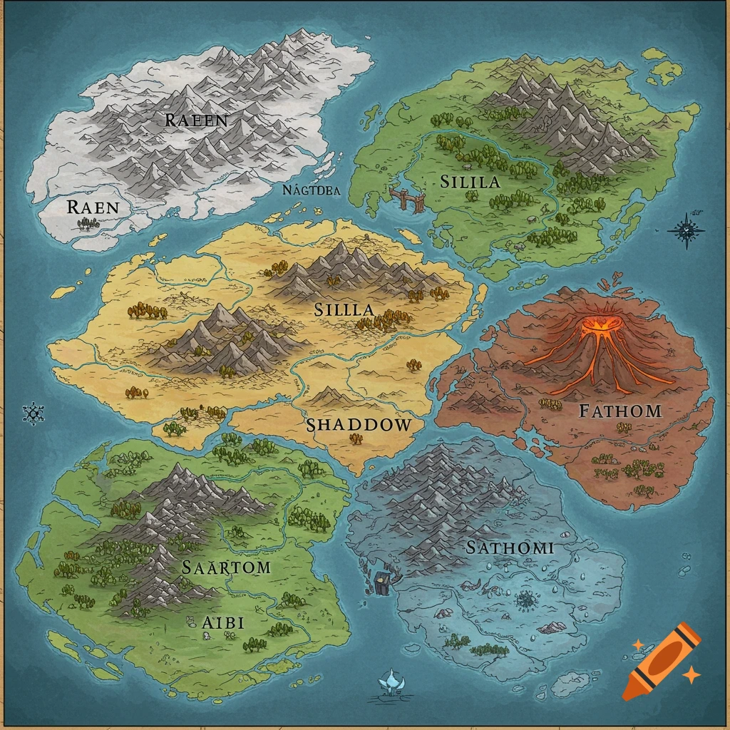 Fantasy map of Raen, Silla, Vilas, Shadow, Fathom, and Calibi kingdoms ...