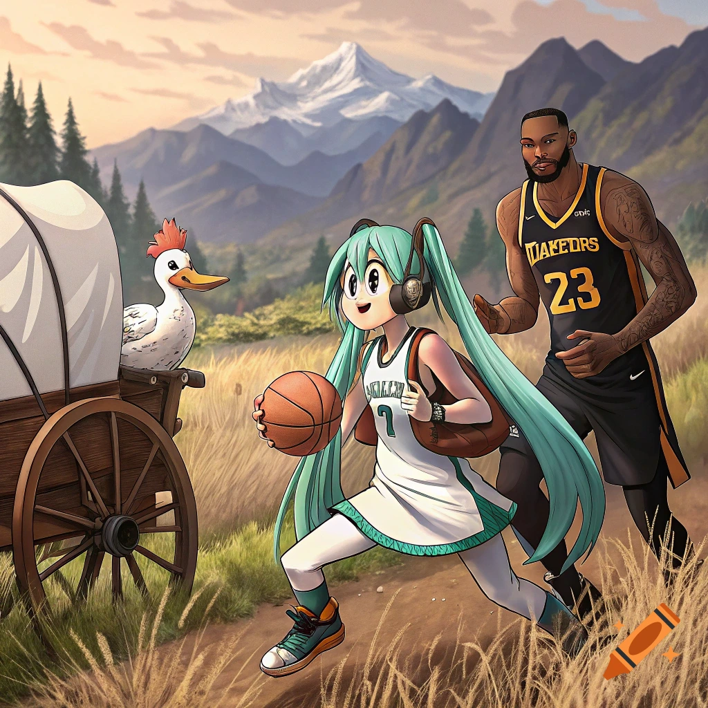 Lebron James, Hatsune Miku, and a duck on the Oregon trail on Craiyon