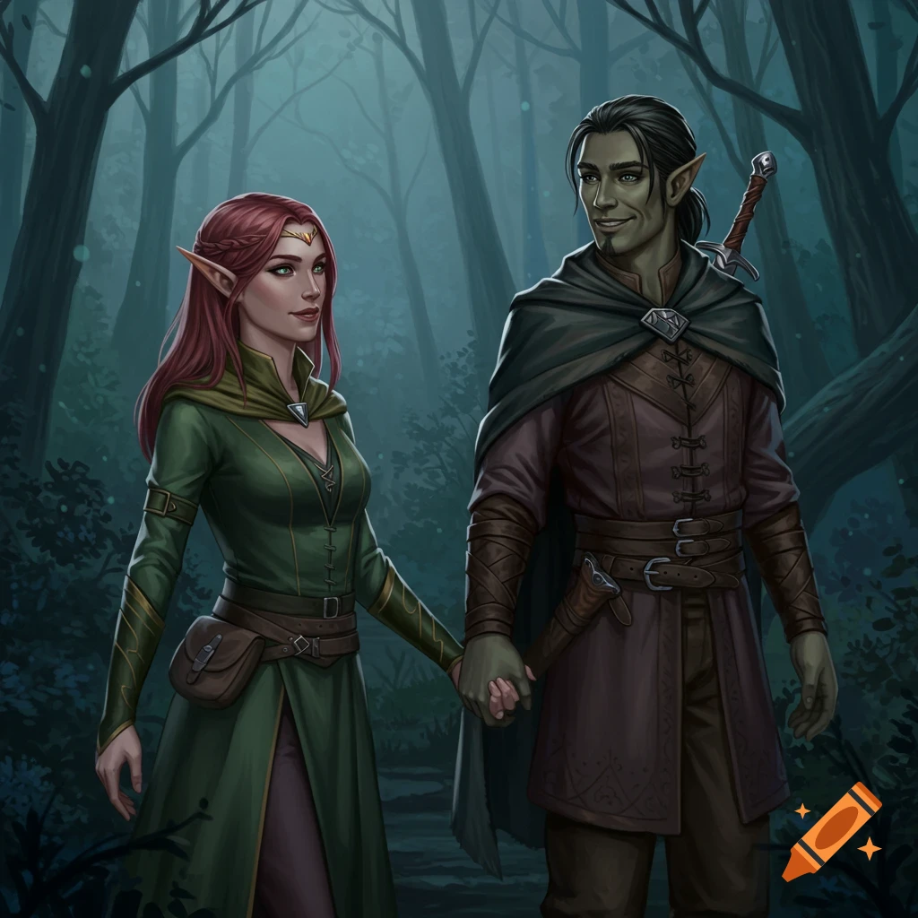 Elf sorceress holding hands with Astarion in a twilight forest, Baldur ...