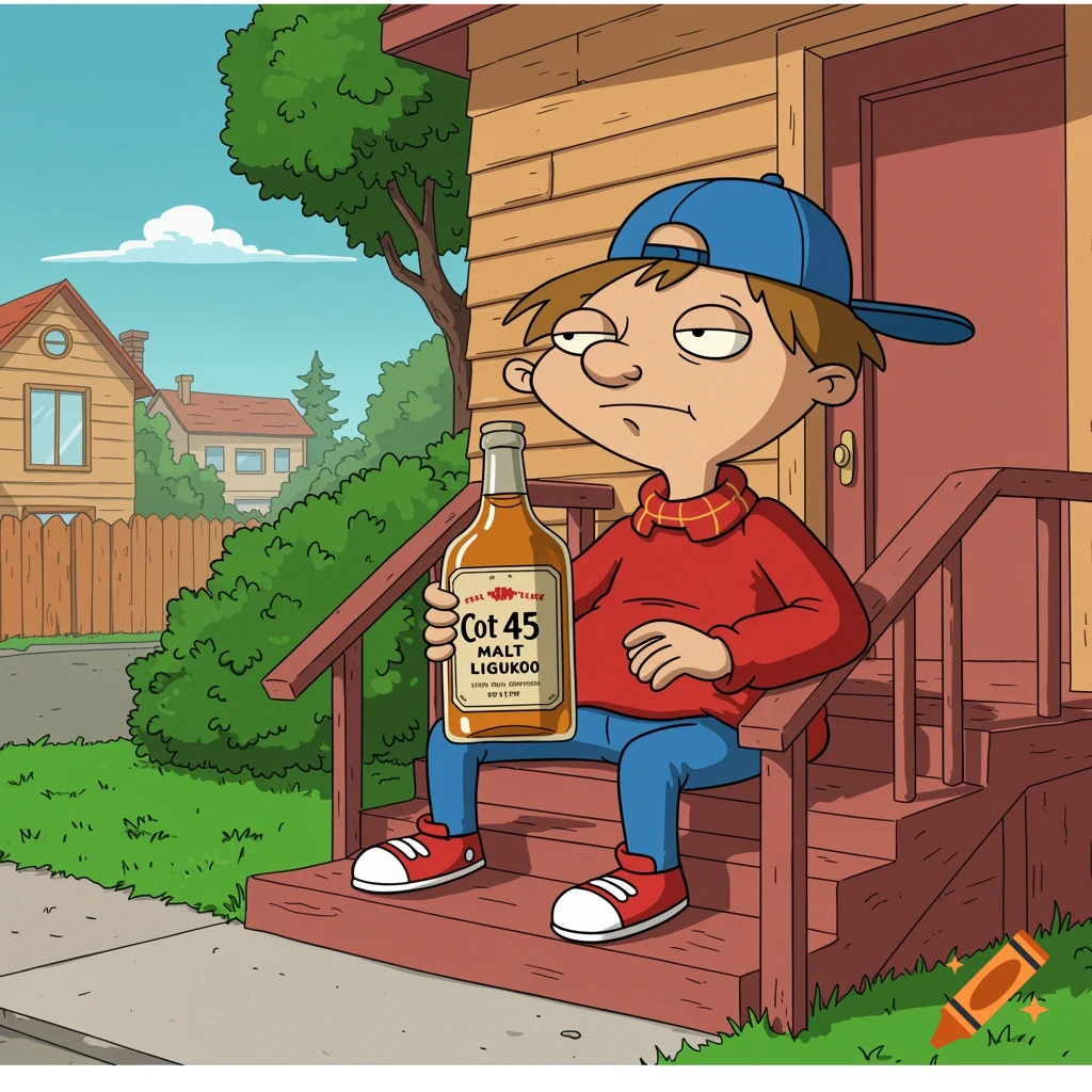 A cartoon character similar to Stoop Kid from Hey Arnold! sits on porch ...