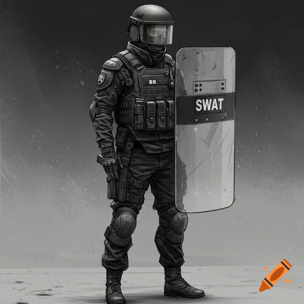 Pencil drawing of a SWAT officer in tactical gear holding a riot shield ...