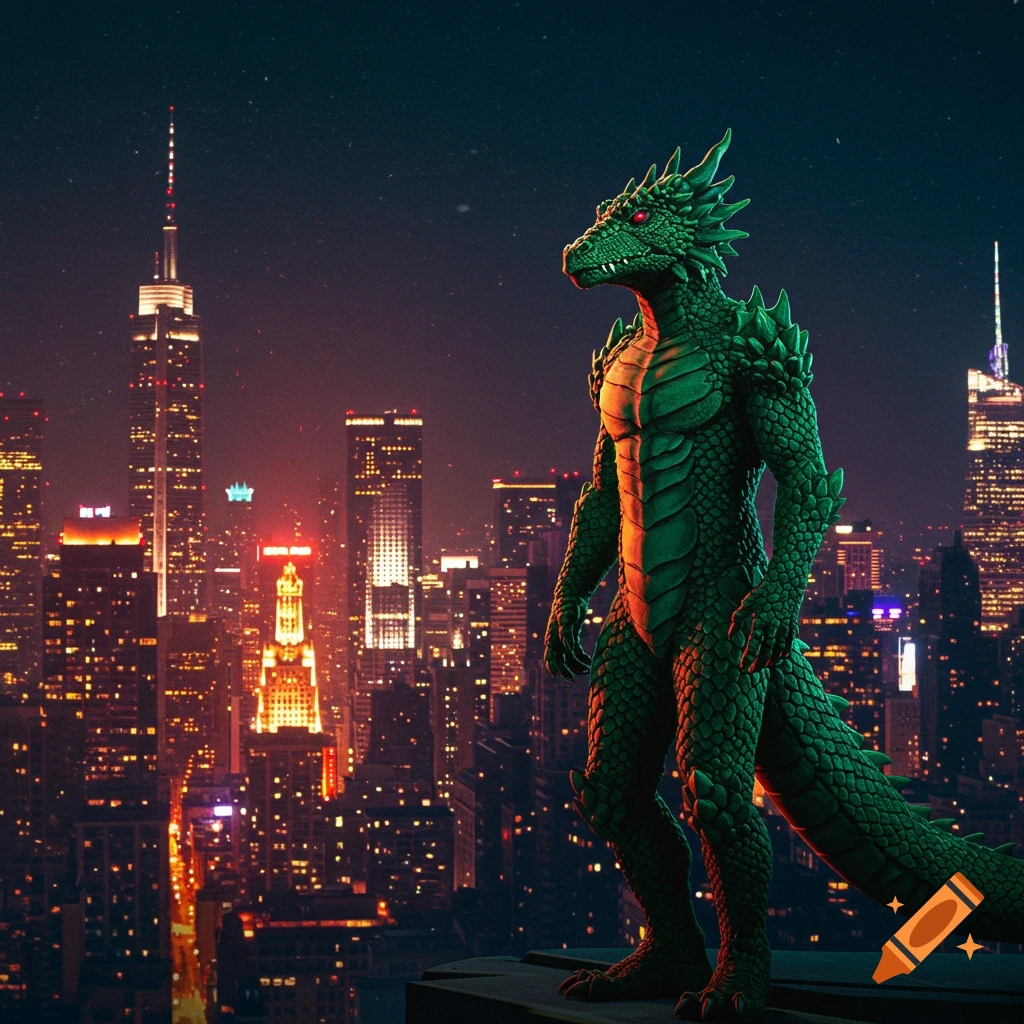 Green dragon-like creature stands on a rooftop overlooking a brightly ...