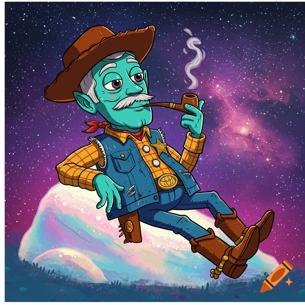 Cartoon alien cowboy smoking a pipe in space on Craiyon