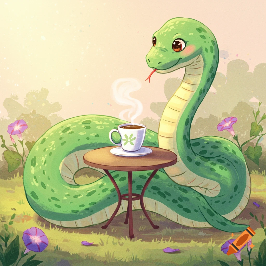 A cute cartoon green snake sits at a small table with a steaming cup of ...