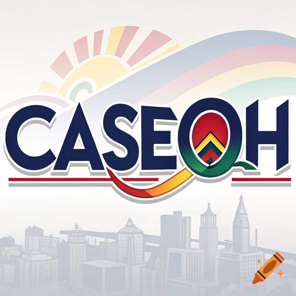 Stylized logo with CASEOH text above cityscape, sun, and rainbow. on ...