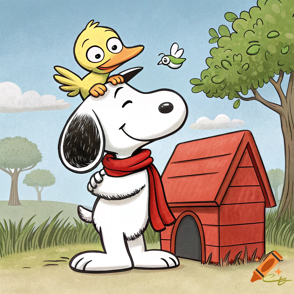 Cartoon of human-like Snoopy and Woodstock sitting on a red doghouse in ...