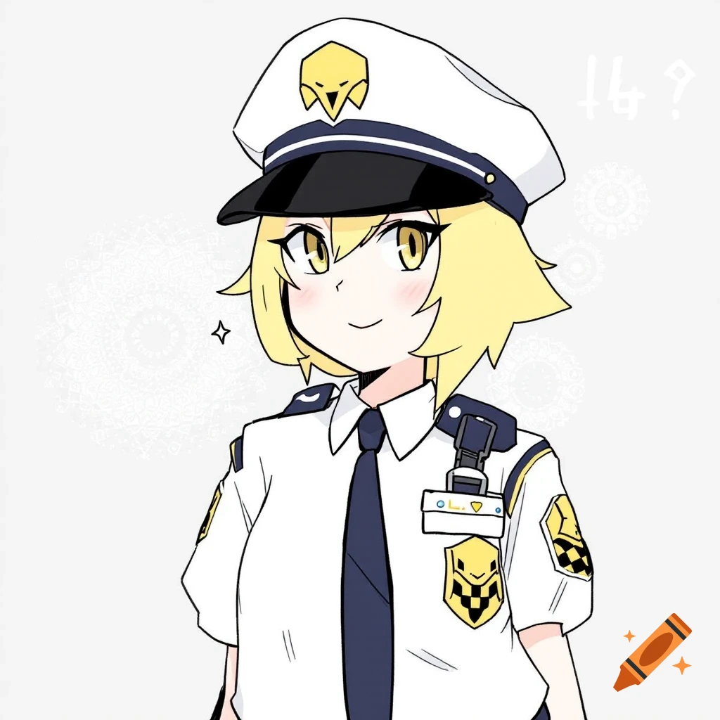 Anime drawing of a blonde woman in a police uniform smiling. on Craiyon
