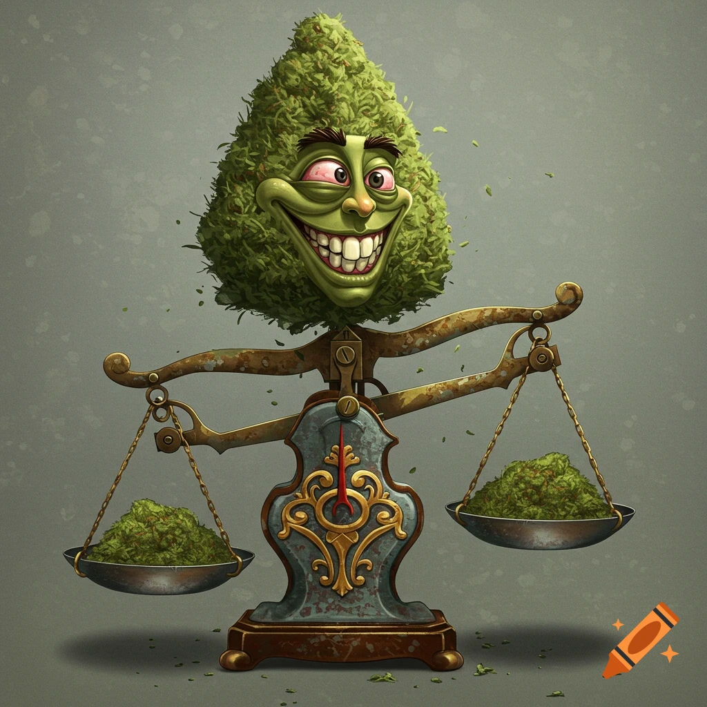 A cartoon cannabis character with a bud head on a scale with cannabis ...