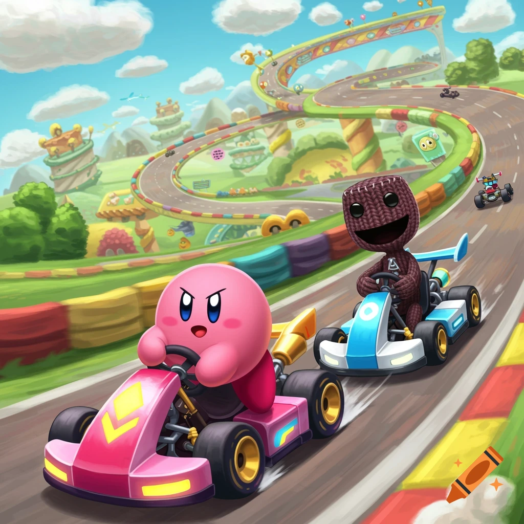 Kirby and Sackboy race go-karts on a vibrant, cartoonish track. on Craiyon
