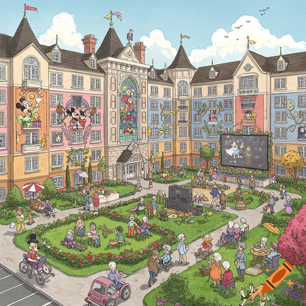 Illustration of a Disney-themed retirement home courtyard with senior ...