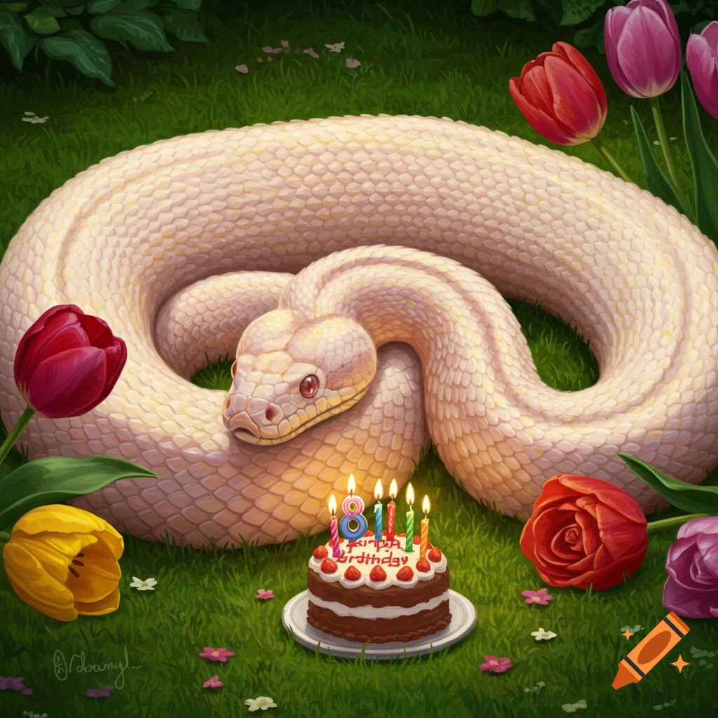 An albino snake curled around a birthday cake with candles, surrounded ...